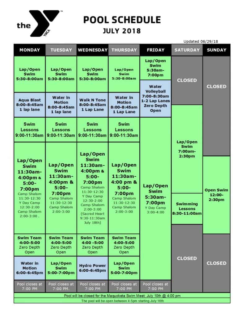 July 2018 pool schedule - Maquoketa Area Family YMCA